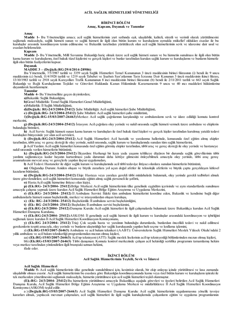Acil Saglik Hizmetleri Yonetmeligi | PDF
