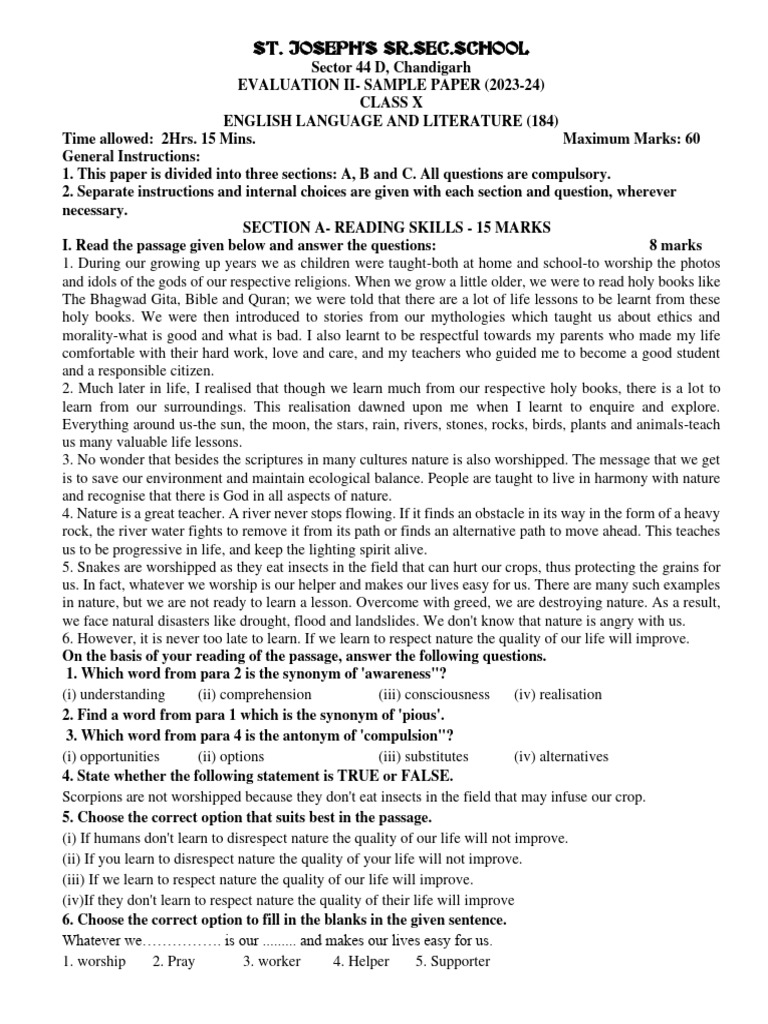 Circular 20230901075604 Class X Eval 2 Eng Sample Paper - 2023 | PDF | Water Resources | Water ...