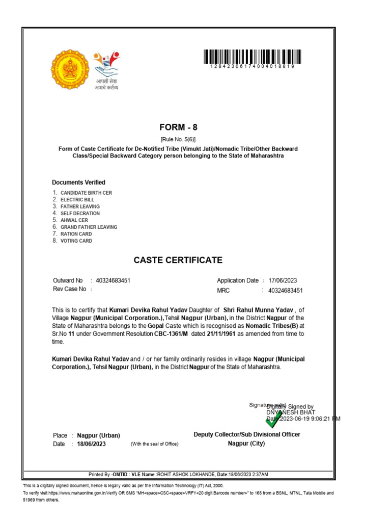 NTB Caste Certificate Details | PDF