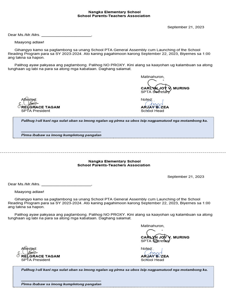 Letter To Parents For Spta | PDF