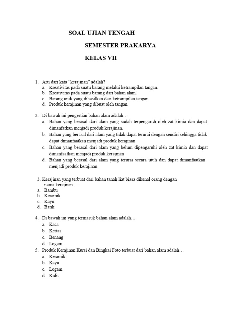 Soal Asas Sem 1 Prakarya | PDF | Griya & Taman