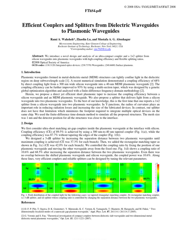 24 - 2008 - FIO - Efficient Couplers and Splitters From Dielectric Waveguides To Plasmonic ...