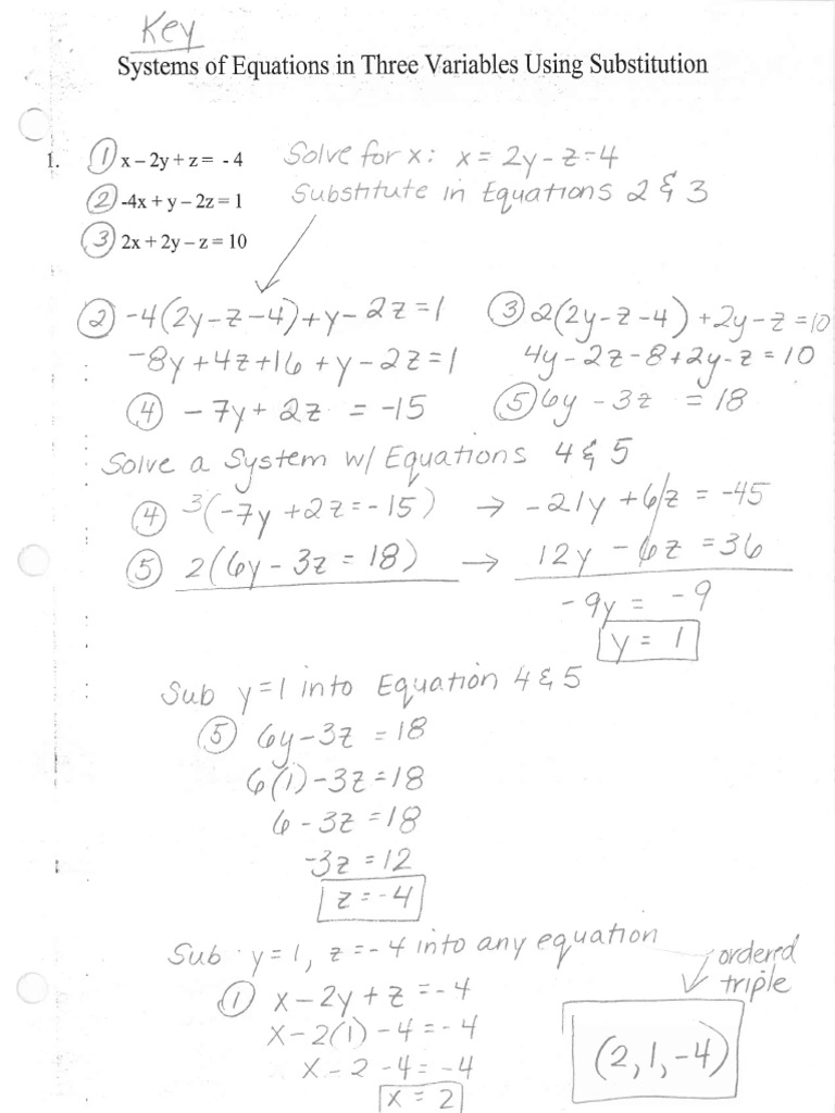 Systems Of Equations In 3 Variables Using Substitution Guided Notes Key