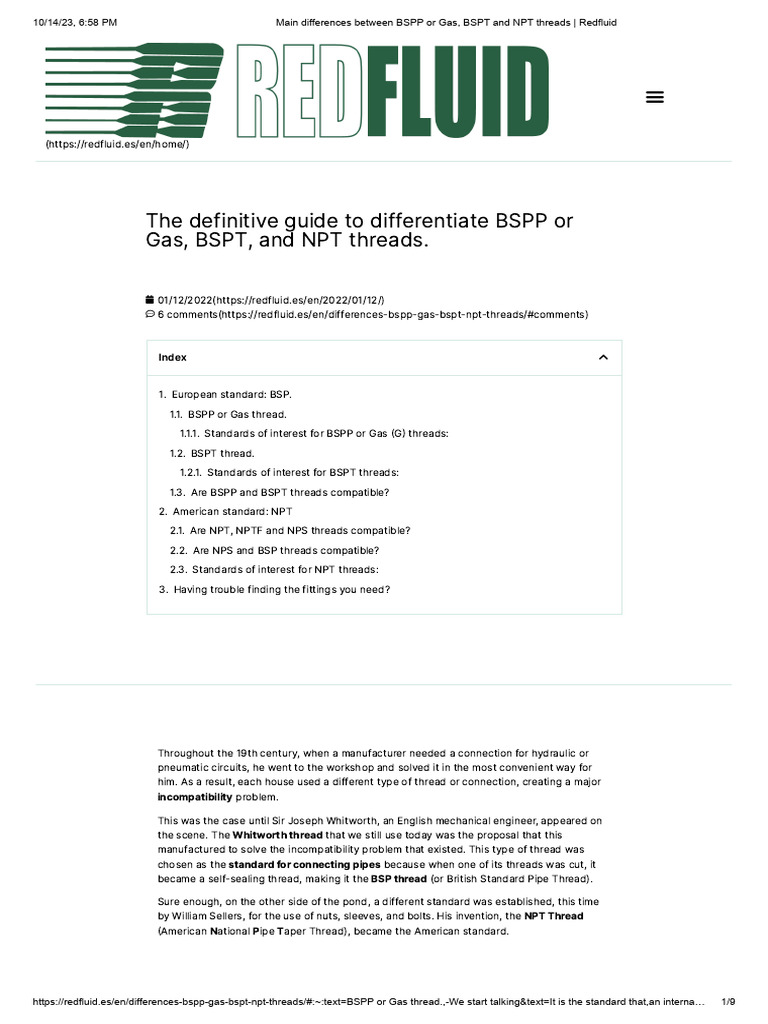 Main Differences Between BSPP or Gas, BSPT and NPT Threads - Redfluid ...