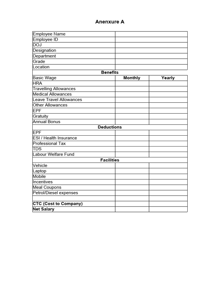 Salary Annexure Format in Excel | PDF