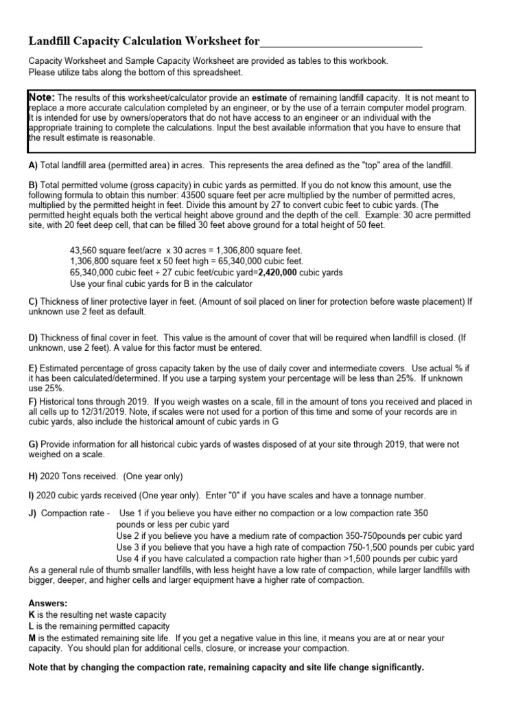 Landfill Capacity Calculation Worksheet | PDF | Tonnage | Landfill