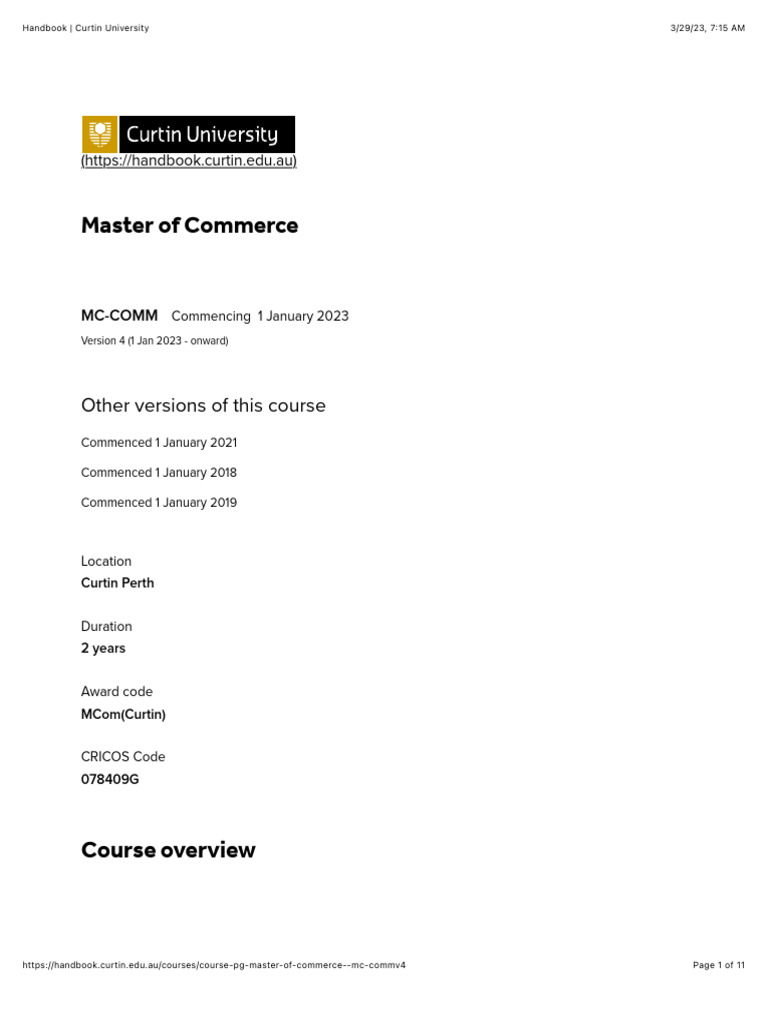 Master of Commerce Overview at Curtin | PDF | Academic Degree ...