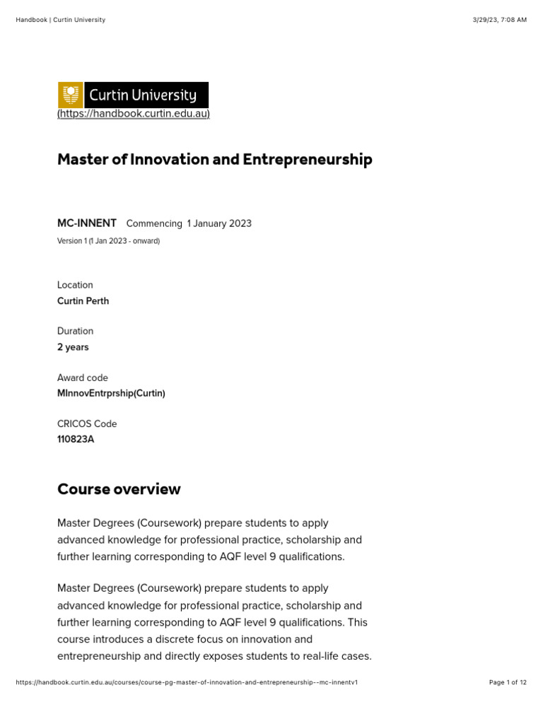 Handbook - Curtin University | PDF | Entrepreneurship | Academic Degree