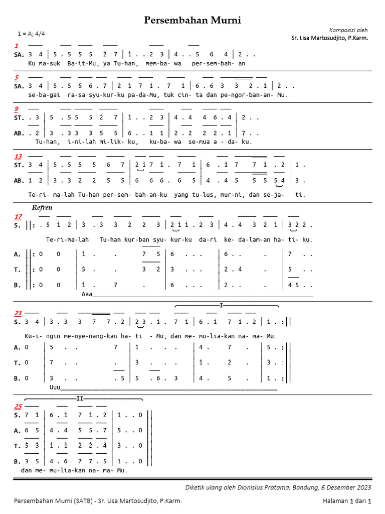 Persembahan Murni (SATB) - Sr. Lisa Martosudjito | PDF
