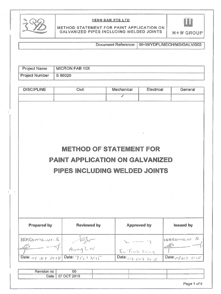 Method Statement For Paint On Galv Pipe | PDF