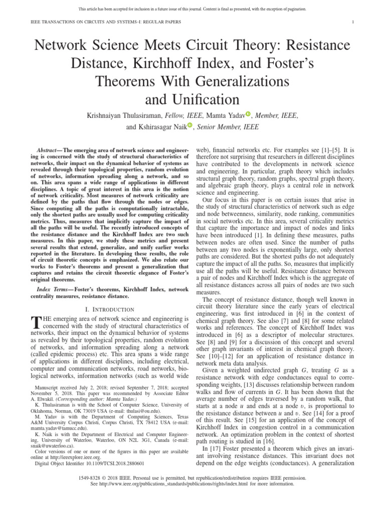 Network Science Meets Circuit Theory: Resistance Distance, Kirchhoff Index, and Foster's ...