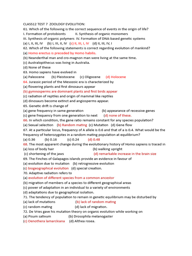 Class12 Test 7 Zoology Evolution | PDF | Evolution | Homo
