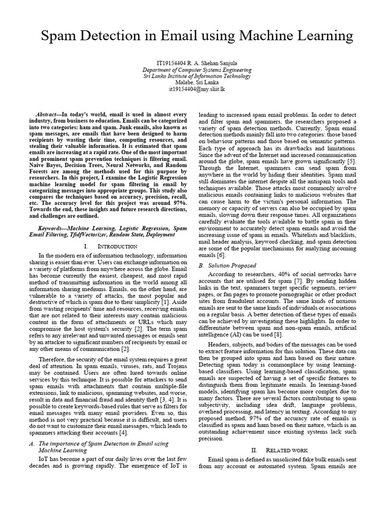 Spam Detection in Email Using Machine Le | PDF | Spamming | Machine Learning