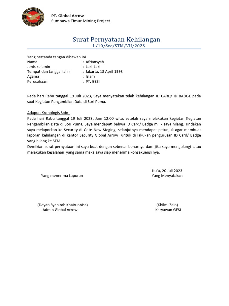 Surat Pernyataan Kehilangan ID Card STM - 10 - TGL 20 Juli 2023 | PDF