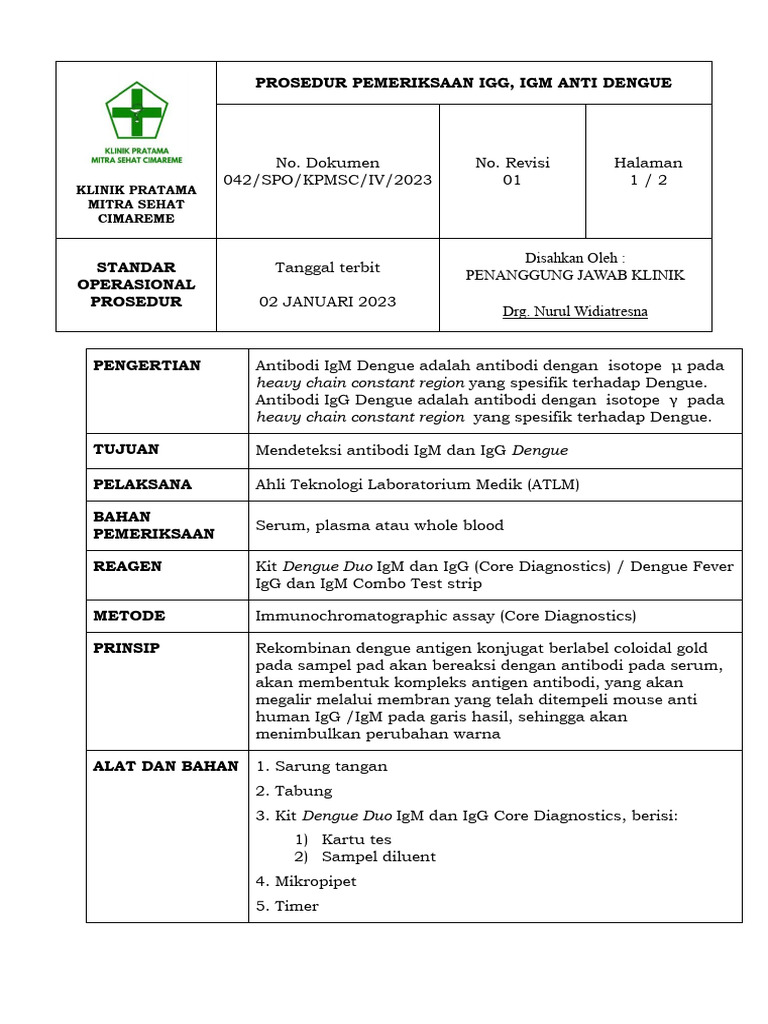 42 Sop Pemeriksaan Igg, Igm Anti Dengue (Core Diagnostic) | PDF