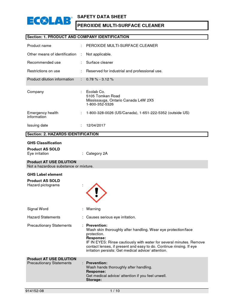 PEROXIDE MULTI SURFACE CLEANER English | PDF | Toxicity | Injury