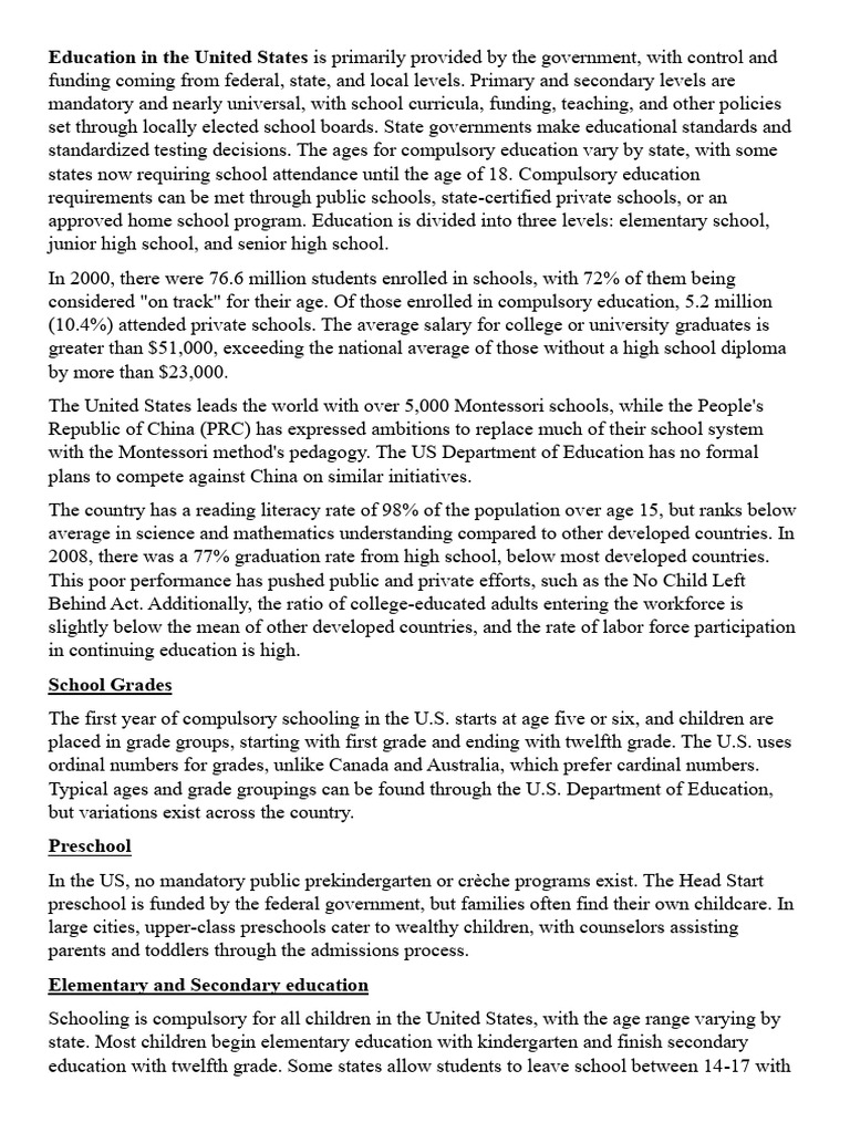 Education in The United States Is Primarily Provided by The Government ...