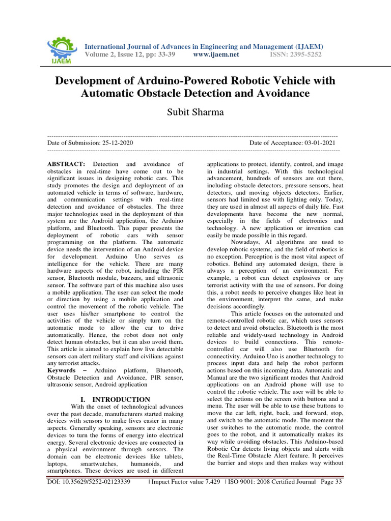 Development Of Arduino Powered Robotic Vehicle With Automatic Obstacle Detection And Avoidance