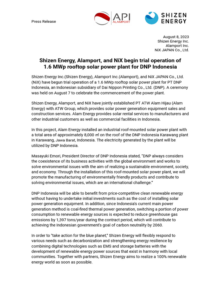 【PressRelease】Shizen Energy begins trial operation of 1.6MWp rooftop ...