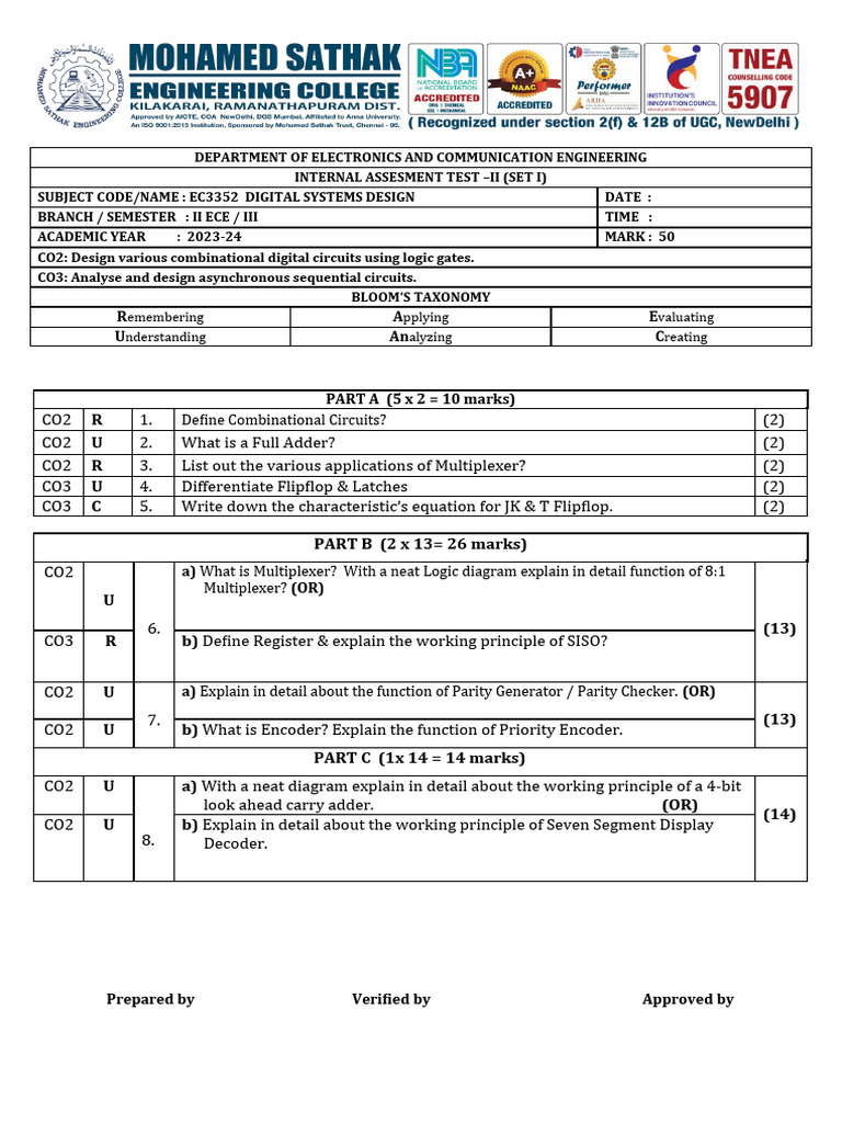 Ec3352 - Digital Systems Design Set I - Iat2 | PDF | Digital Electronics | Information And ...