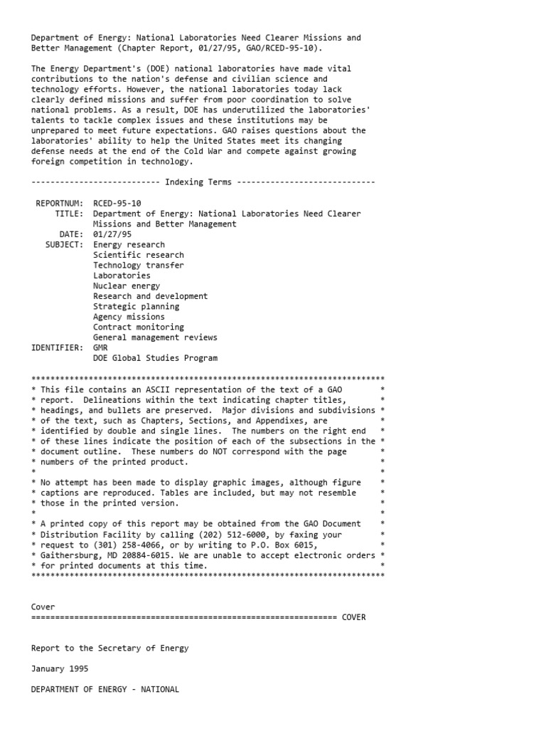 Us Gen Accounting Office 1995 Natl Lab Need Clearer Missions Pdf United States Department 