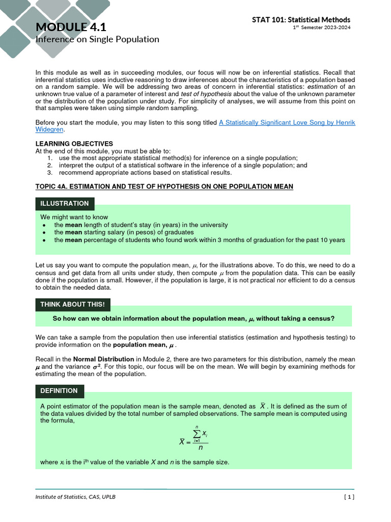 STAT 101 Module Handout 4.1 | PDF | Estimator | Confidence Interval