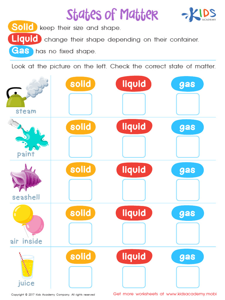 Grade 1 Physical Science States of Matter Worksheet | PDF