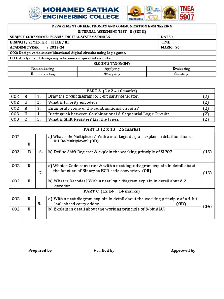 Ec3352 - Digital Systems Design Set Ii - Iat2 | PDF | Digital Electronics | Logic Gate