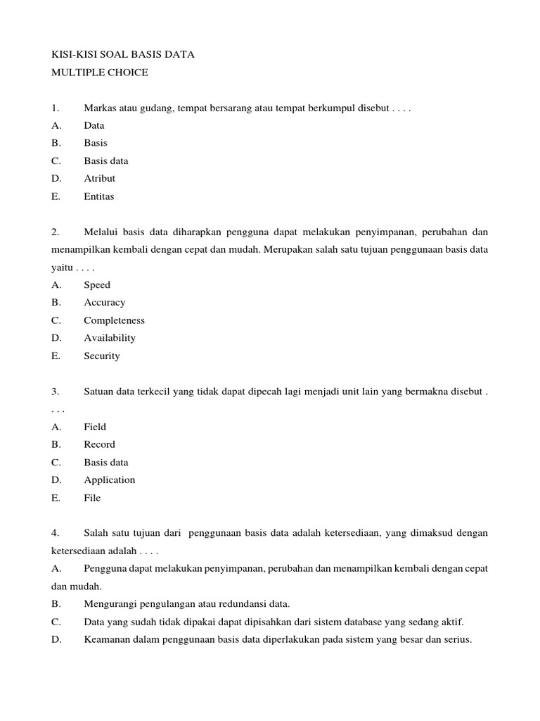 Kisi-Kisi Soal PAS Basis Data | PDF