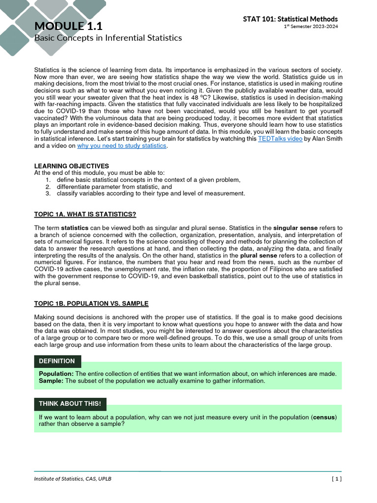 STAT 101 Module Handout 1.1 | PDF | Level Of Measurement | Statistics