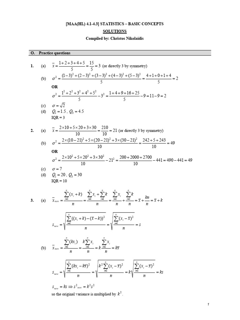 (MAA (HL) 4.1-4.3) STATISTICS - BASIC CONCEPTS - Solutions | PDF ...