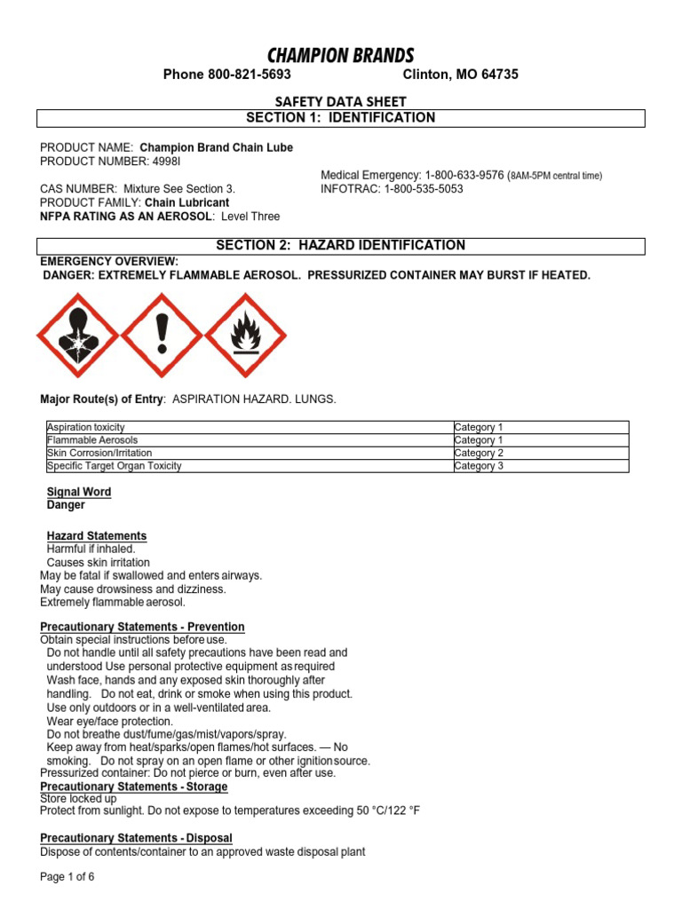 Champion Chain Lube Safety Data | PDF | Toxicity | Distillation
