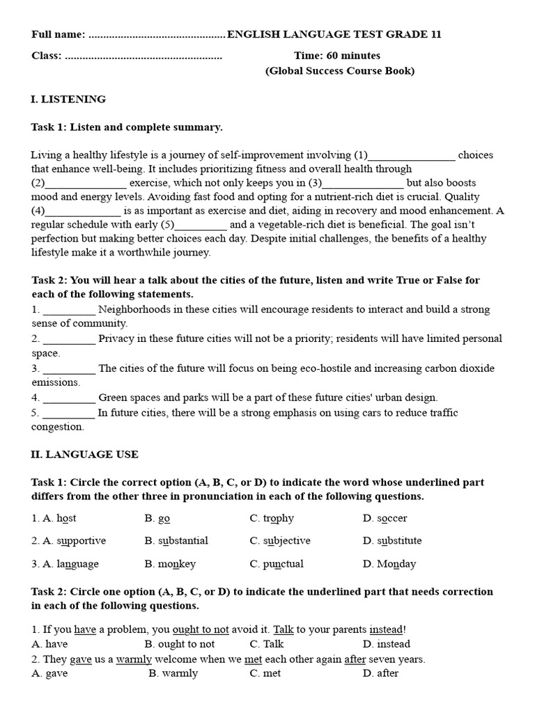 Grade 11 English Language Test | PDF | Family