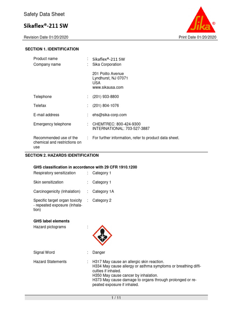 MSDS Sikaflex-211-SW | PDF | Toxicity | Environmental Science