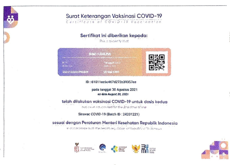 Sertifikat Vaksin 1&2 - Rino Fahlevi. | PDF