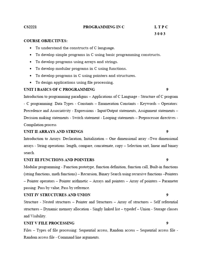 Cs2221 Programming In C Syllabus Pdf Pointer Computer Programming C Programming Language 4456