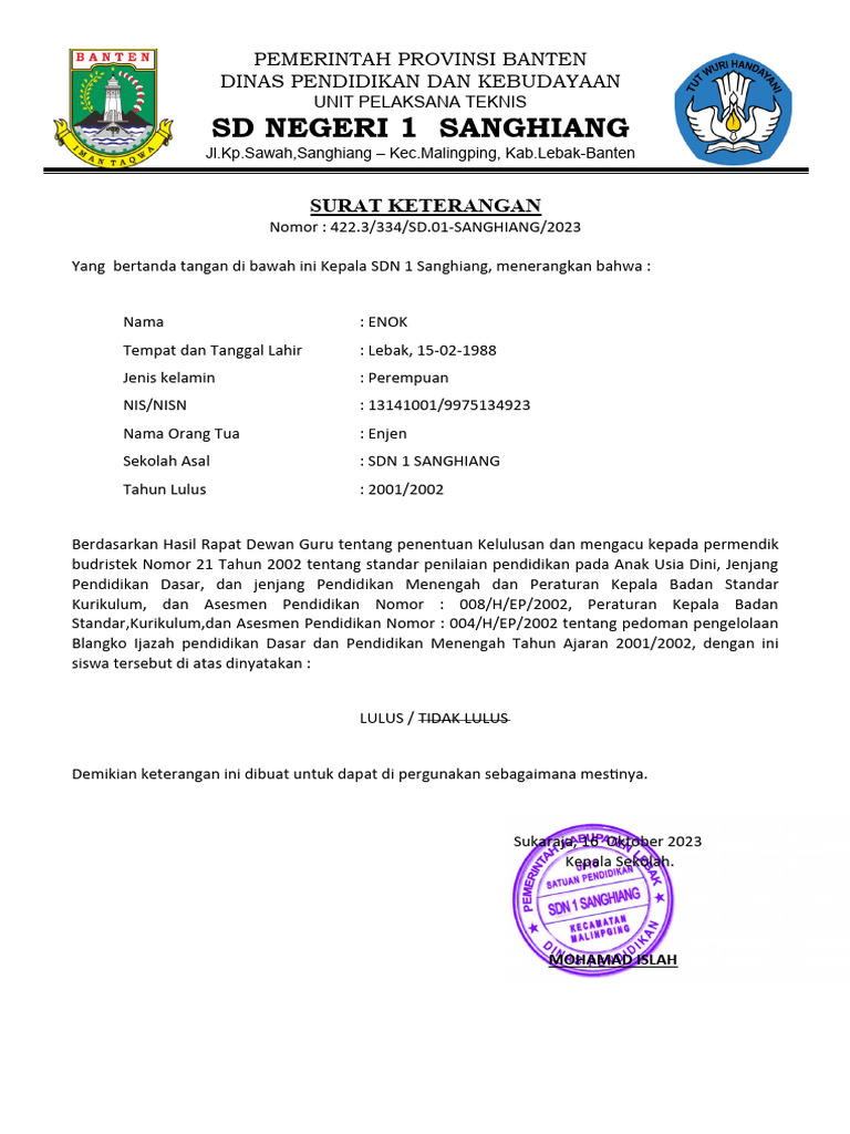 Keterangan Lulus SD | PDF