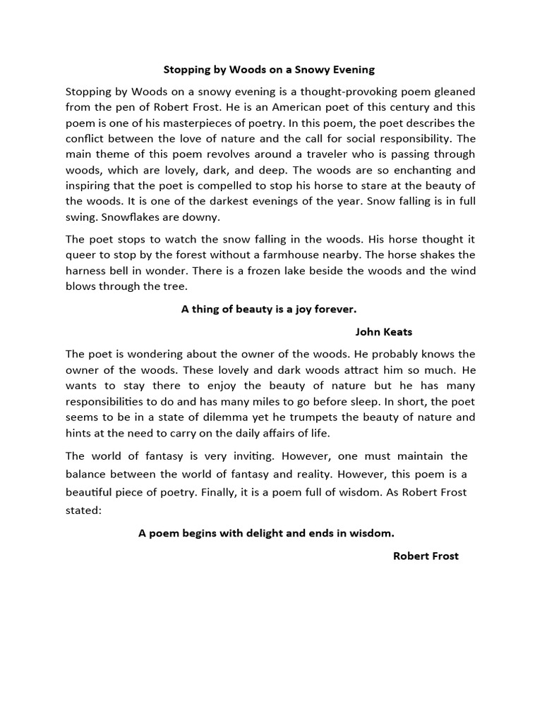 Summary of Stopping by Woods Poem | PDF | Poetry