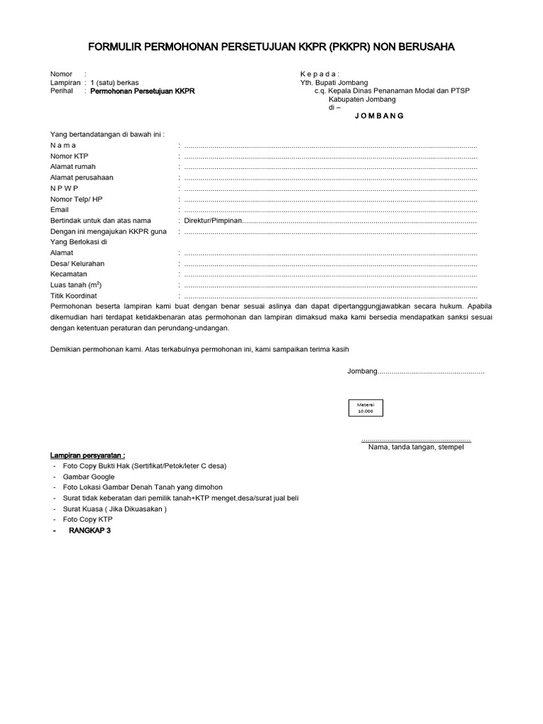 Formulir KKPR DPMPTSP Non Berusaha | PDF