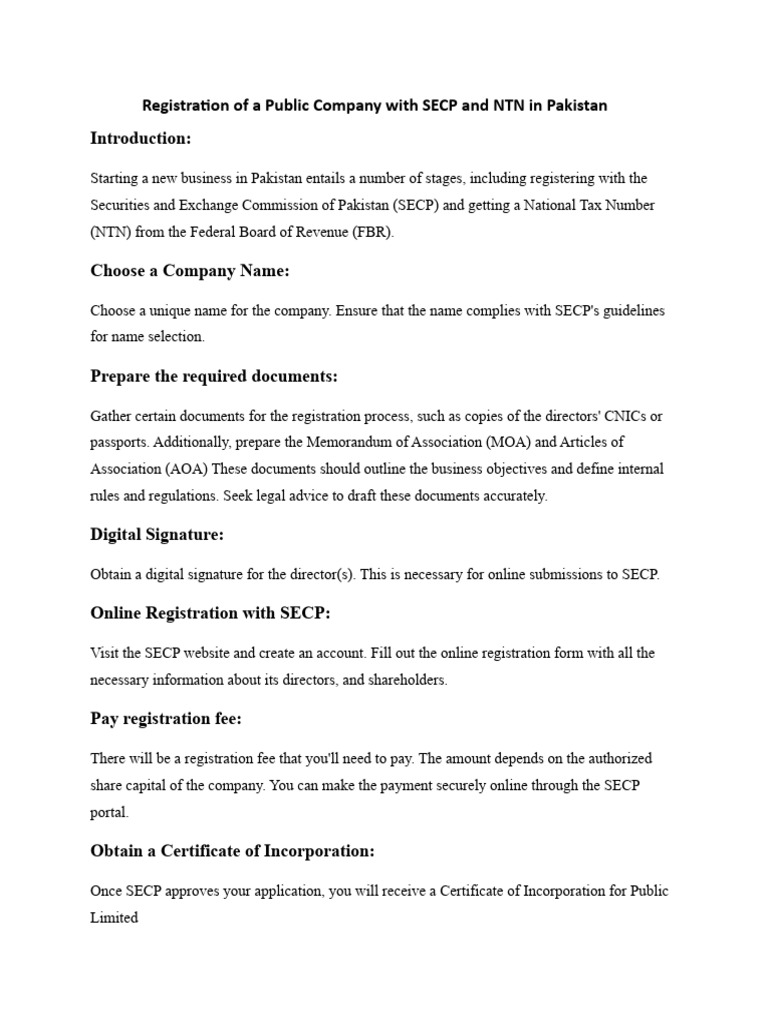 Registration of A Public Company With SECP and NTN in Pakistan | PDF ...