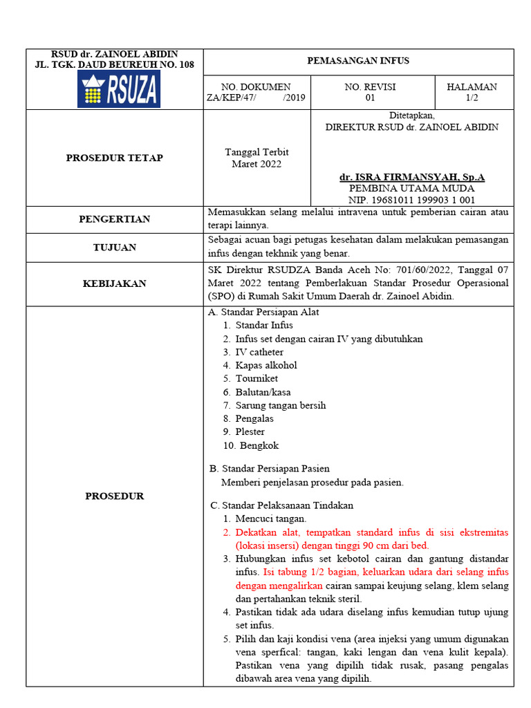 Prosedur Pemasangan Infus RSUDZA | PDF