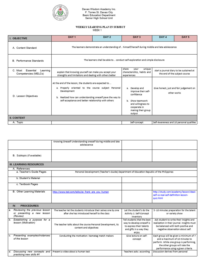 Weekly Learning Plan Template | PDF | Thought | Self Concept