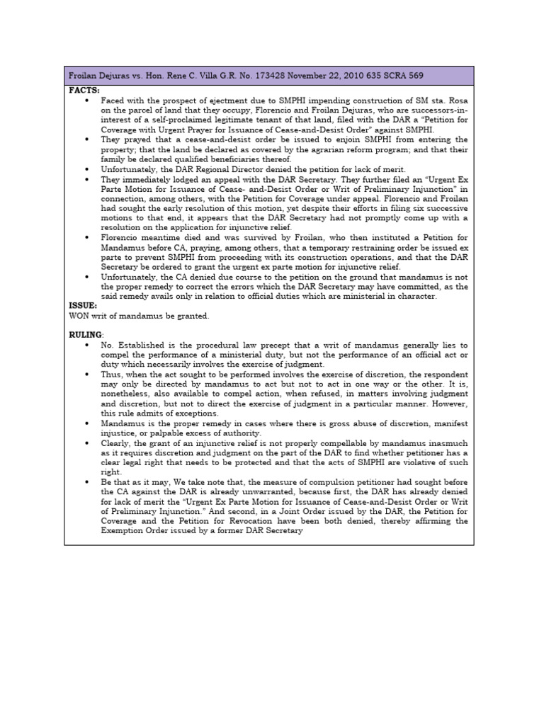 RemLaw-Froilan Dejuras vs. Hon. Rene C. Villa | PDF | Mandamus | Legal ...
