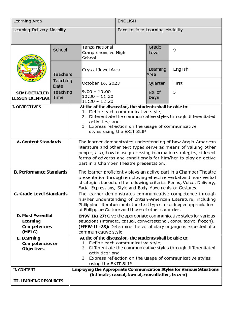 Communicative Styles - LP Final | PDF | Learning | Human Communication