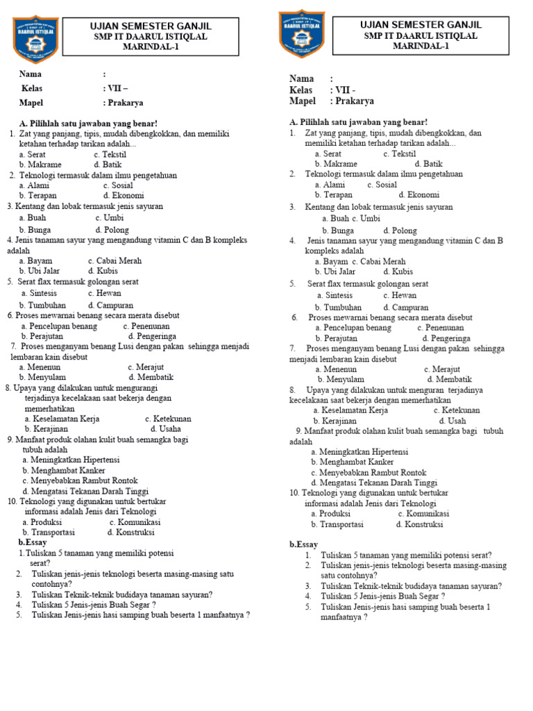 Soal Ujian Prakarya Kelas VII | PDF | Sains & Matematika