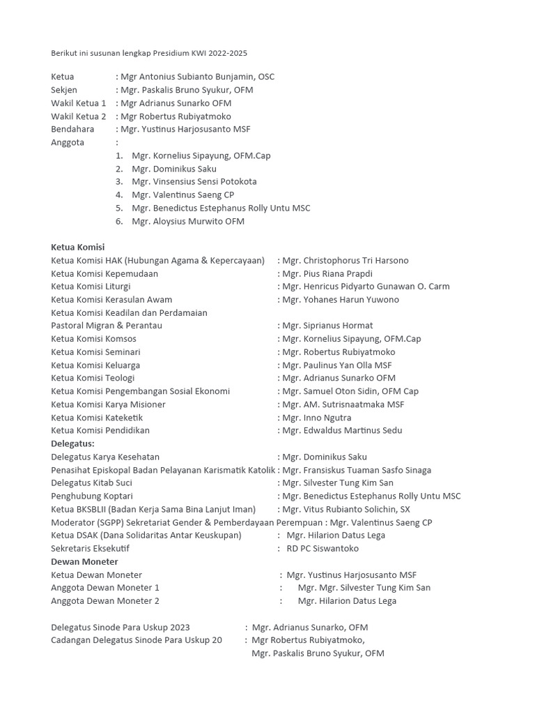 Susunan Lengkap Presidium KWI | PDF