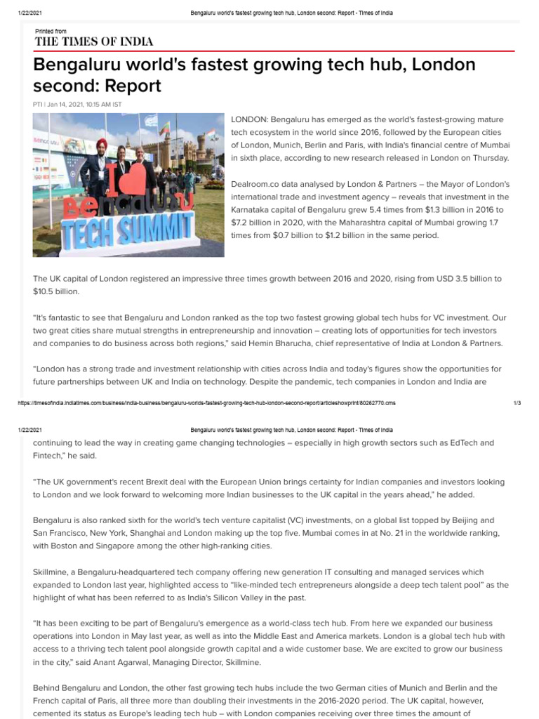 Bengaluru World's Fastest Growing Tech Hub, London Second - Report ...