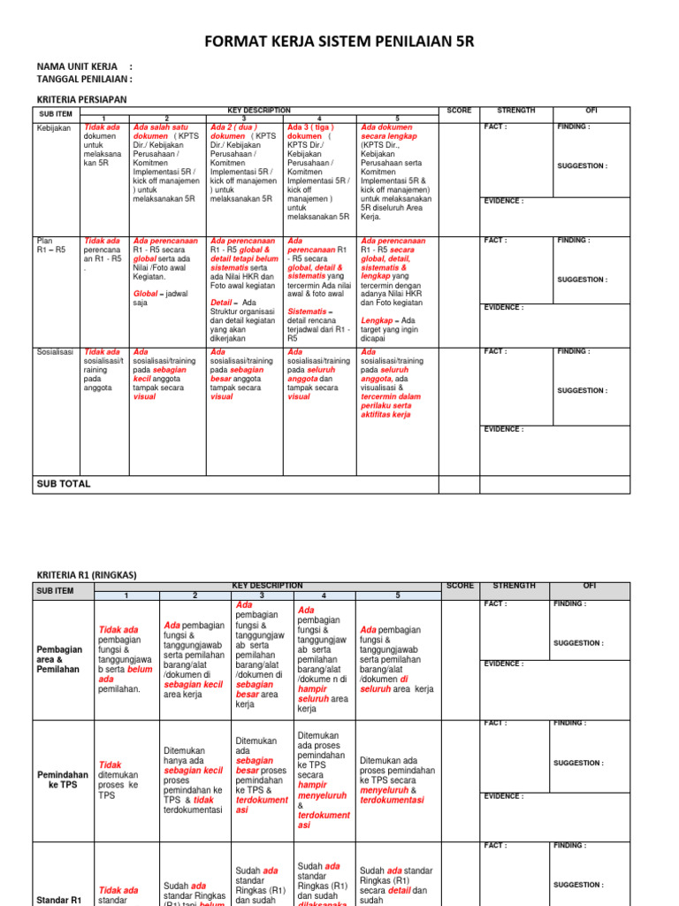 Format Kerja Sistem Penilaian 5R | PDF