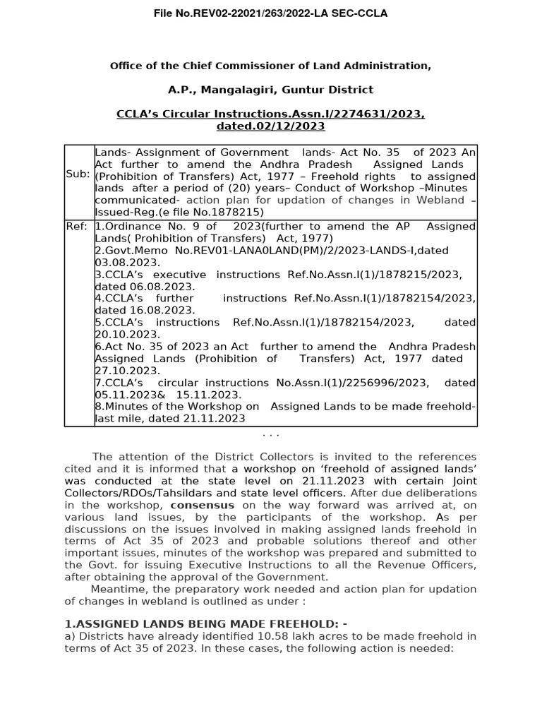 Circular On Action Plan For Updation of Changes in Webland For Freehold ...