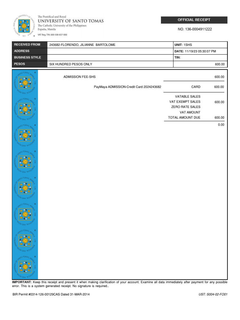 Ust Payment Receipt | PDF